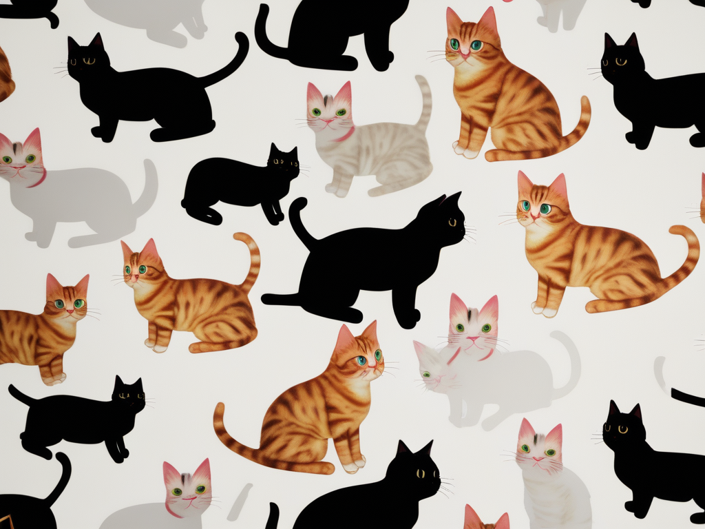 A Colorful Array of Cartoon Cats in Various Poses and Patterns.