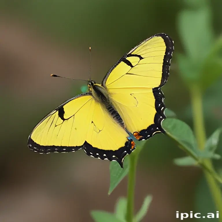 A Beautiful Yellow Butterfly Resting on Green Leaves in Nature.