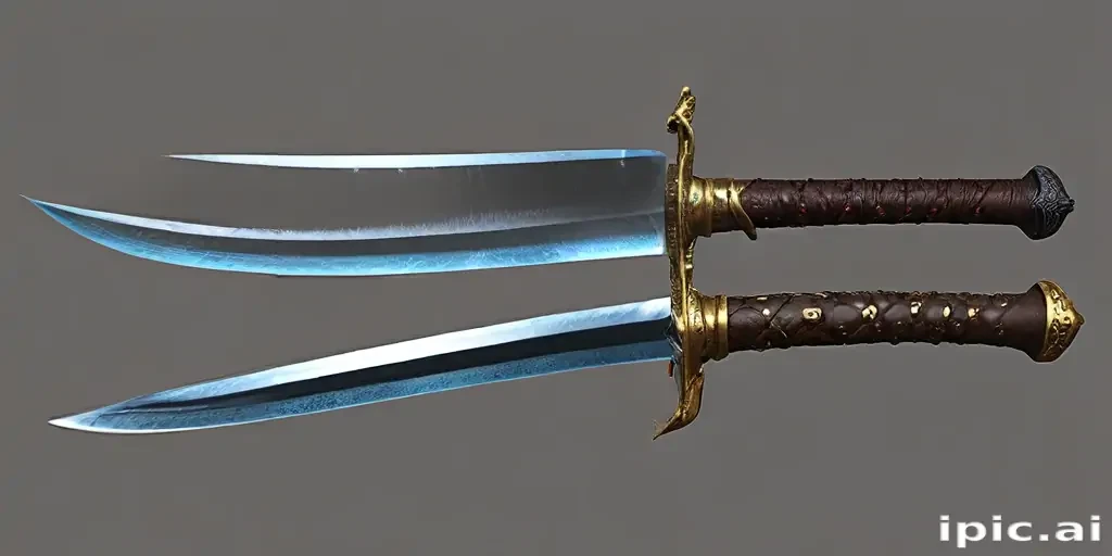 Dual Elegant Blades: Intricately Designed Swords with Gleaming Blue Edges