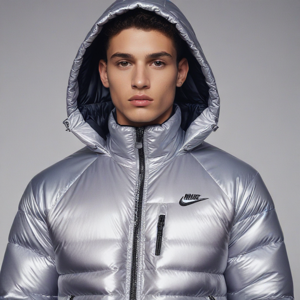 Male supermodel nike shiny puffer jacket bling jewellery hood
