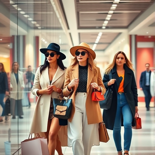 Generate an image of three stylized fashion models shopping, captured ...