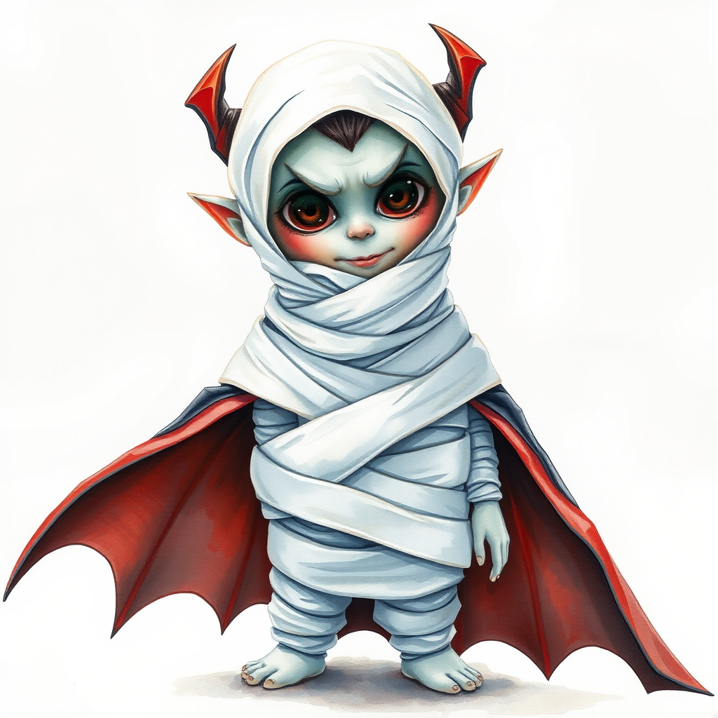 A Playful Little Vampire Wrapped in Mummy Bandages with Mischievous Eyes