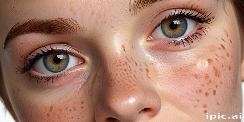 A Close-Up Portrait Highlighting Realistic Freckles and Striking Blue Eyes