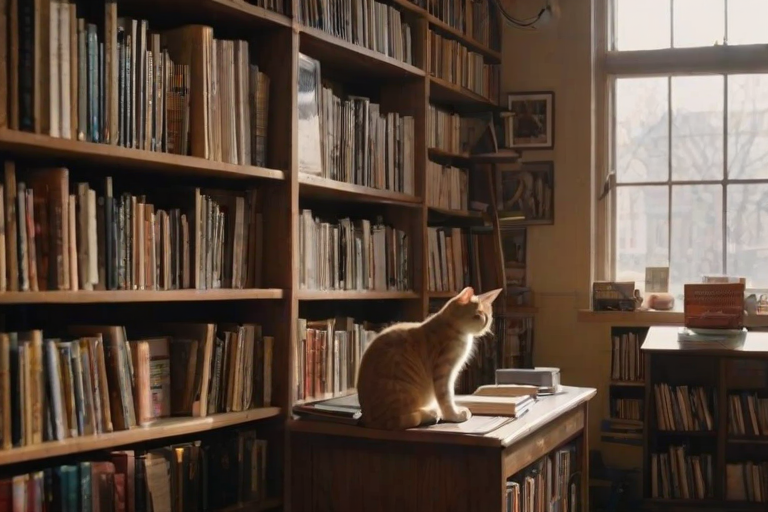 A Curious Cat Enjoys a Peaceful Moment in a Cozy Library