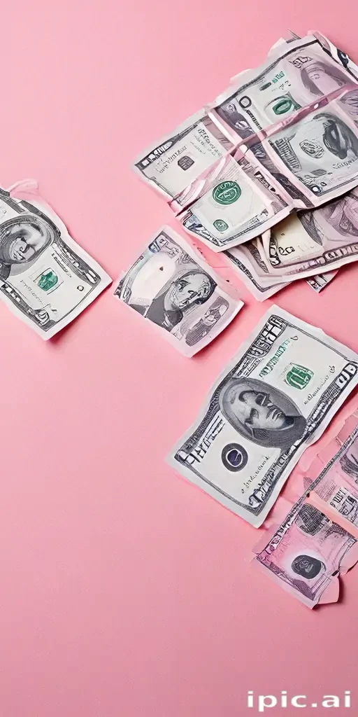 Colorful Display of American Dollar Bills on a Soft Pink Background