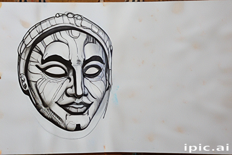 Intricate Black and White Illustration of a Unique Cultural Mask Design