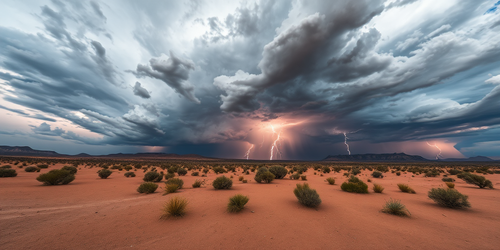 desert landscape during a thunderstorm with dramatic clouds and ...