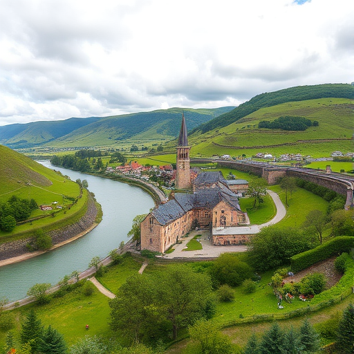 Scenic View of a Historic Church Alongside a Serene River Valley