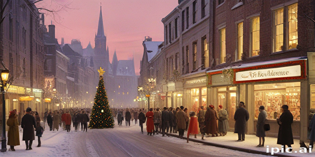 “Charming Winter Street Scene with Christmas Tree and Festive Decorations”
