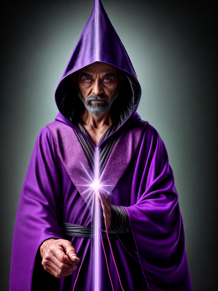 Wizard with hood up and has purple robe on and has a dark face