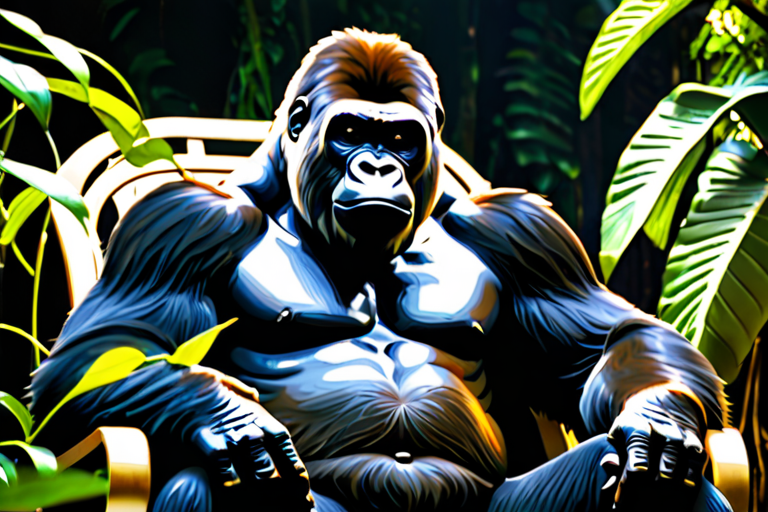 A large, fierce silverback gorilla sitting lazily on a throne in a ...