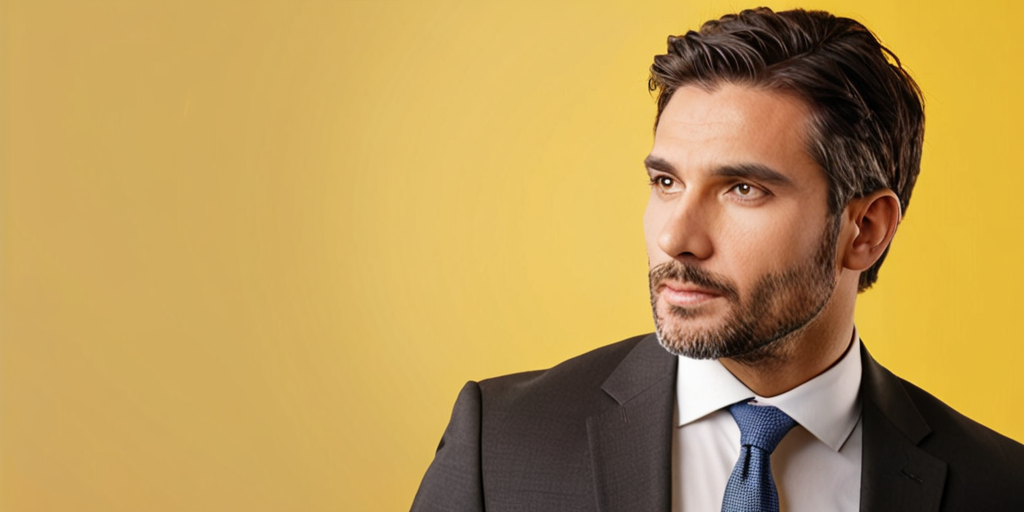 male profile photo, businessperson, imn a suit, with yellow background ...