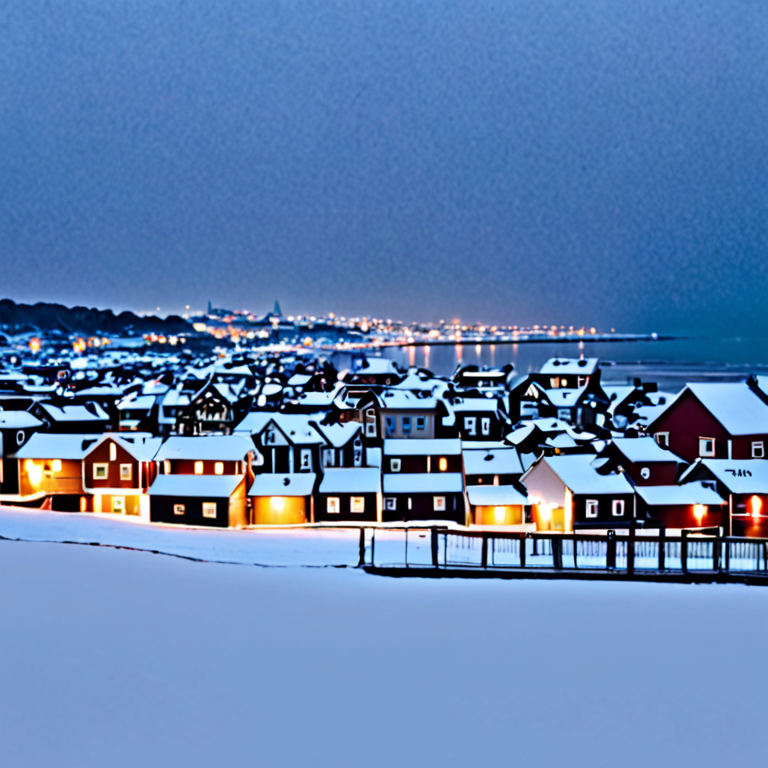 a seaside town in winter, with snow and distant lights