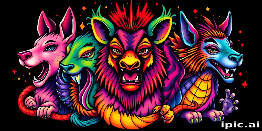 Vibrant and Colorful Illustration of Fierce Animal Faces in Harmony