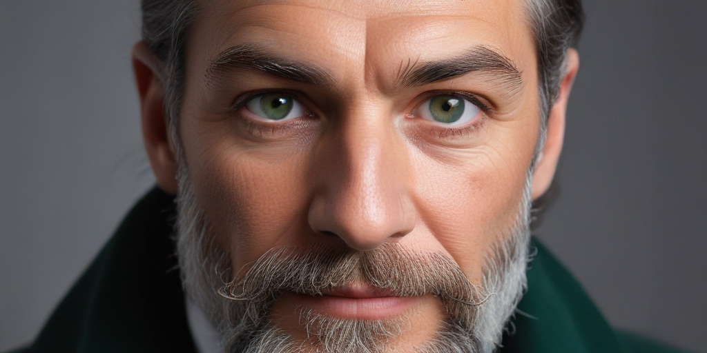 Masculine Elder Tudor Duke, black greying hair & beard green eyes