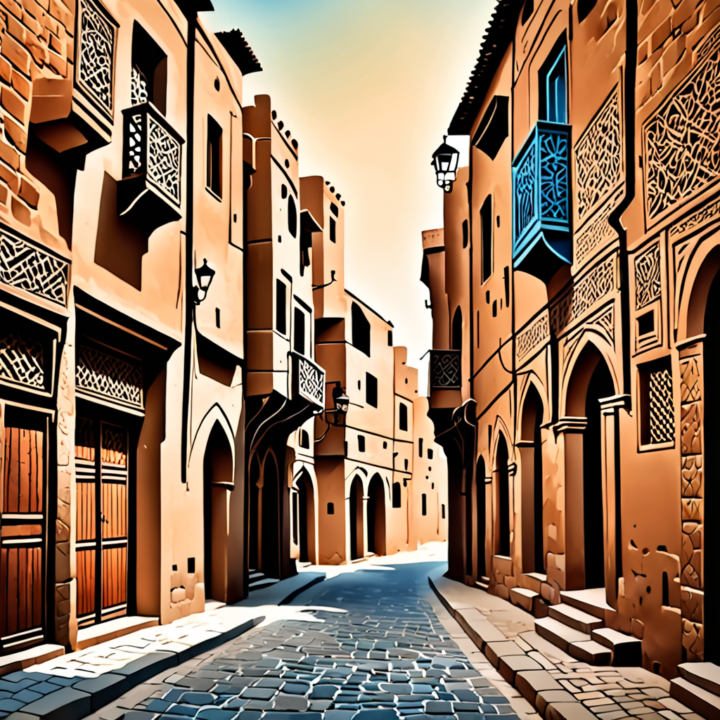 Empty street of a medieval Arab city. No people. Flat colors.