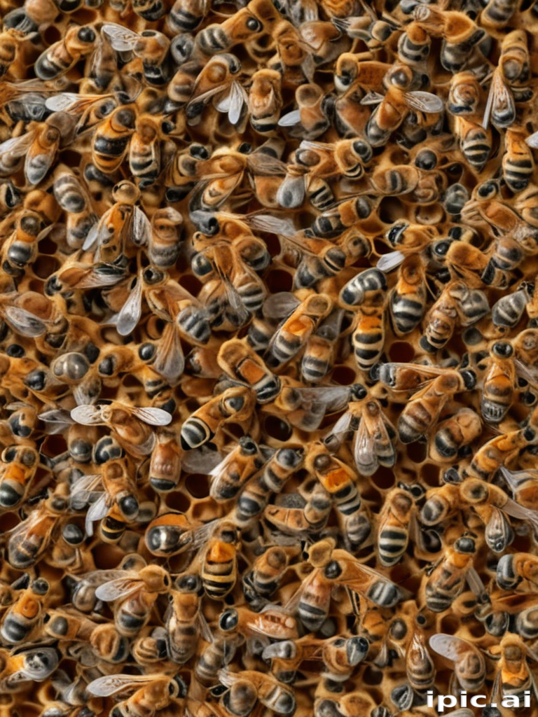 Close-Up View of a Busy Honeybee Colony on Honeycomb Structure