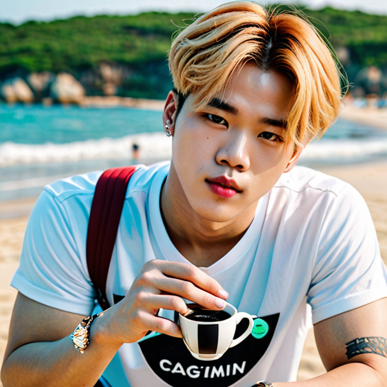 Jimin a member from BTS band with blonde hair and drinking a cup of ...