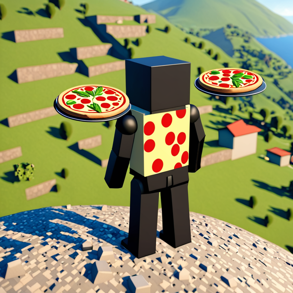roblox character standing on hill looking at a roblox world full off pizzas