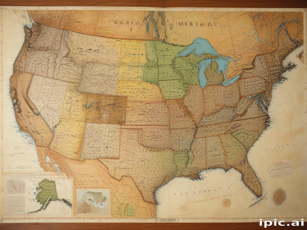 Historical Map of the United States Illustrating State Boundaries and ...