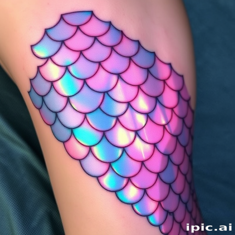 Vibrant Pink and Blue Mermaid Scale Tattoo Design on Skin