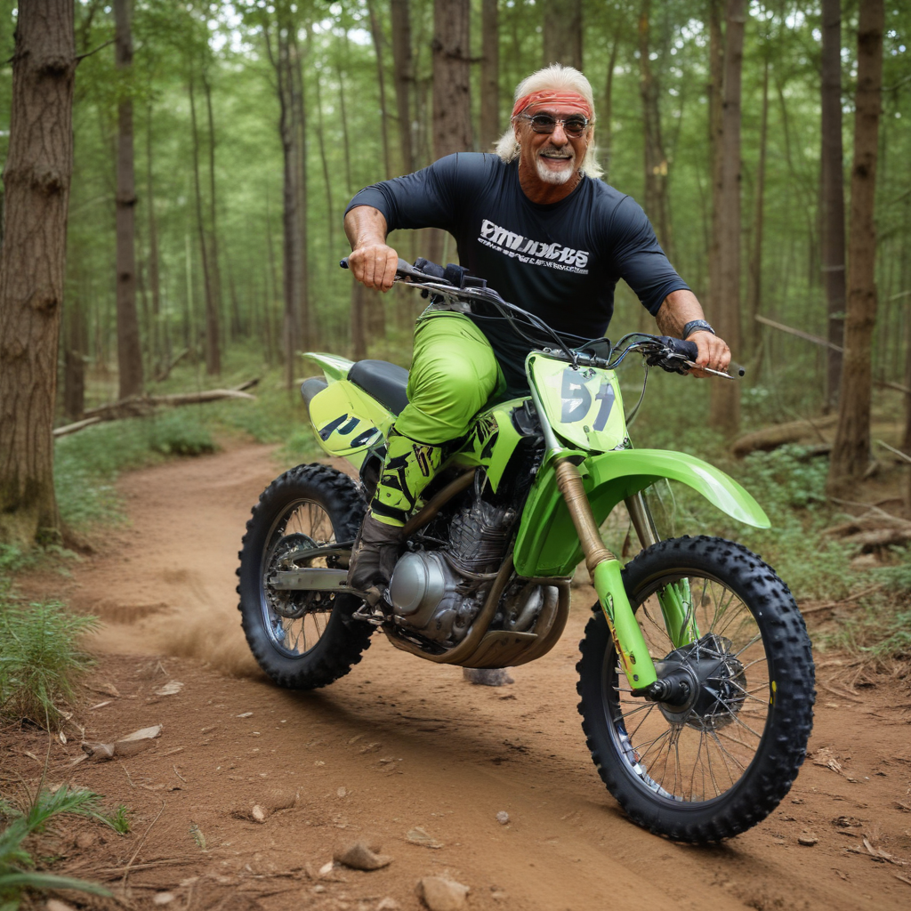 hulk hogan riding a green motocross bike on a trail in the woods
