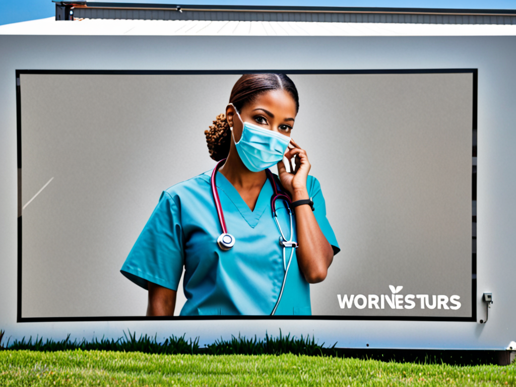 A PICTURE OF A NURSE ON A BILLBOARD THAT SAYS BEYOND CARE SCRUBS