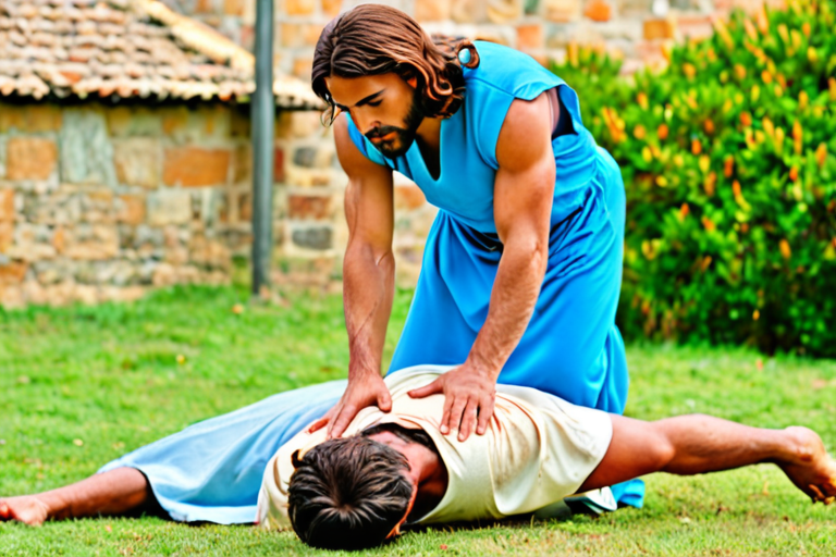 Jesus Christ on his back helping an injured person to get up from the ...