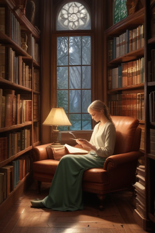 A Serene Moment of Reading in a Cozy Library Nook