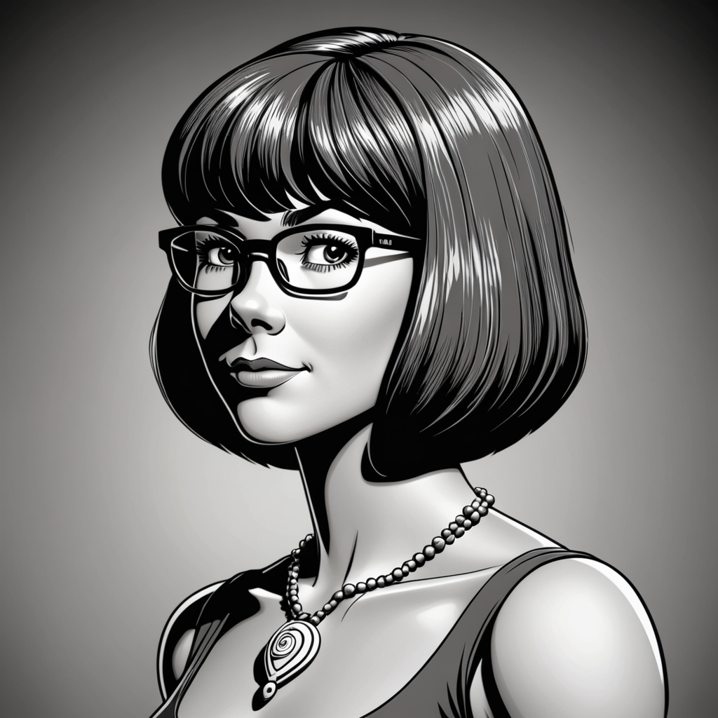Velma Dinkley fron cartoon Scooby-Doo line art. Profile view.