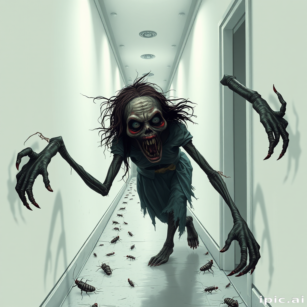 Terrifying Creature Emerging from Shadows in a Dark, Eerie Hallway