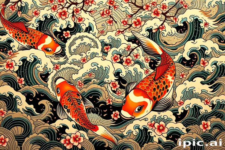 Colorful Koi Fish Swimming Gracefully Amongst Waves and Cherry Blossoms