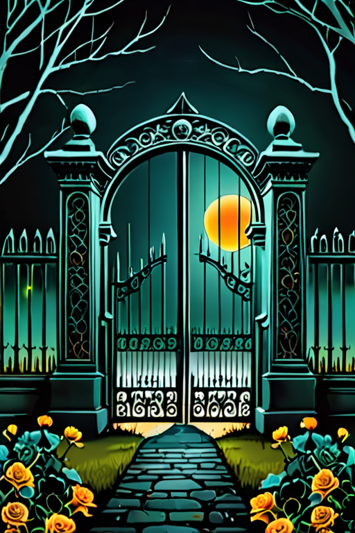 Gothic cemetery full moon at night. Blue green and yellow orange colors ...