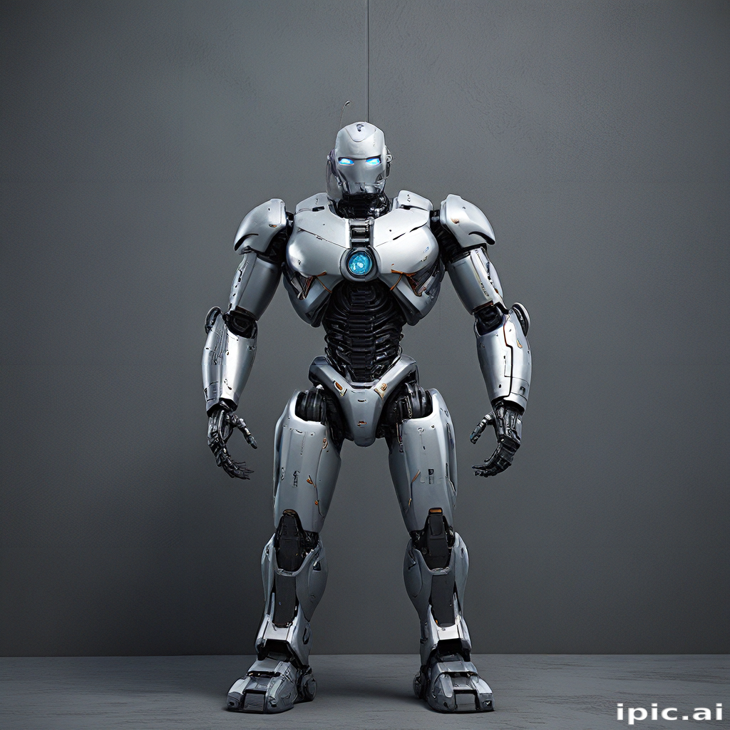 Futuristic Robot With Sleek Design and Glowing Blue Core Standing Proudly