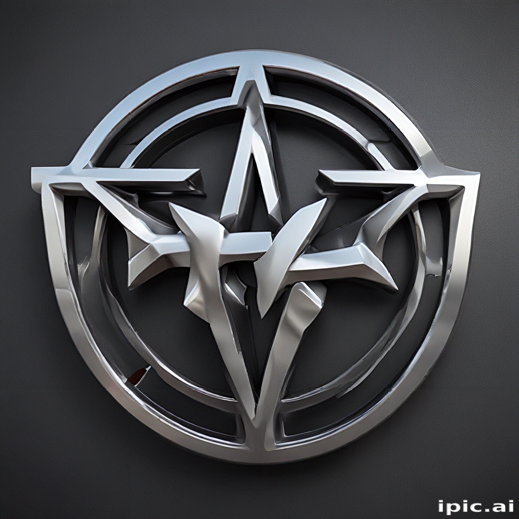 Stylized Metallic Emblem Featuring Intricate Geometric Shapes and Designs