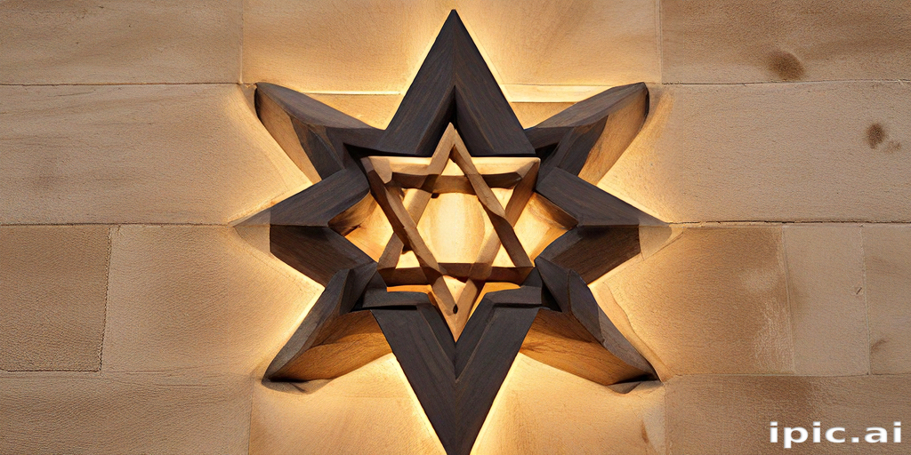 Intricate Wooden Star Design Illuminated Against a Stone Wall Background