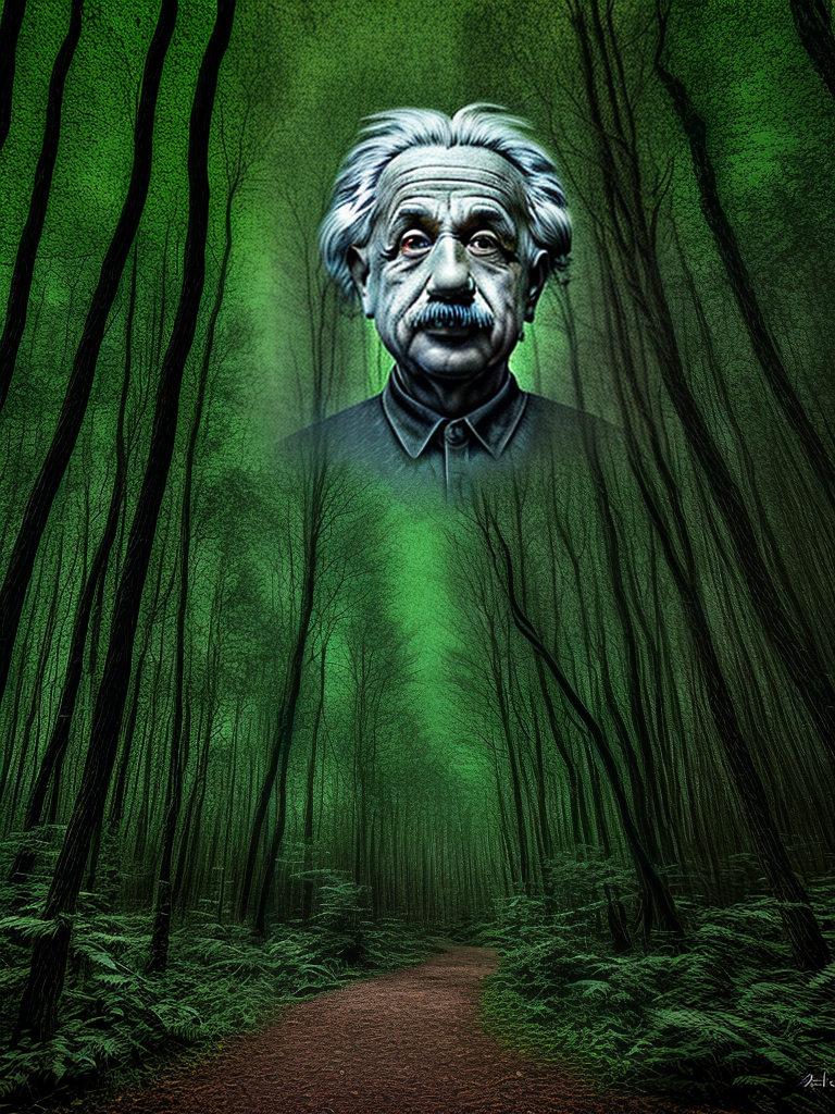 albert einstein in a dark forest, photo quality, digital art