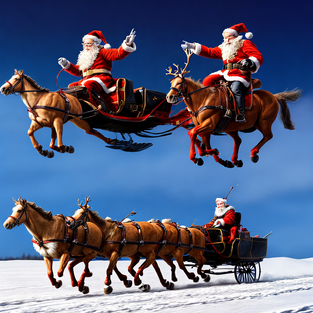 dramatic way of santa on his sled with reindeers by night
