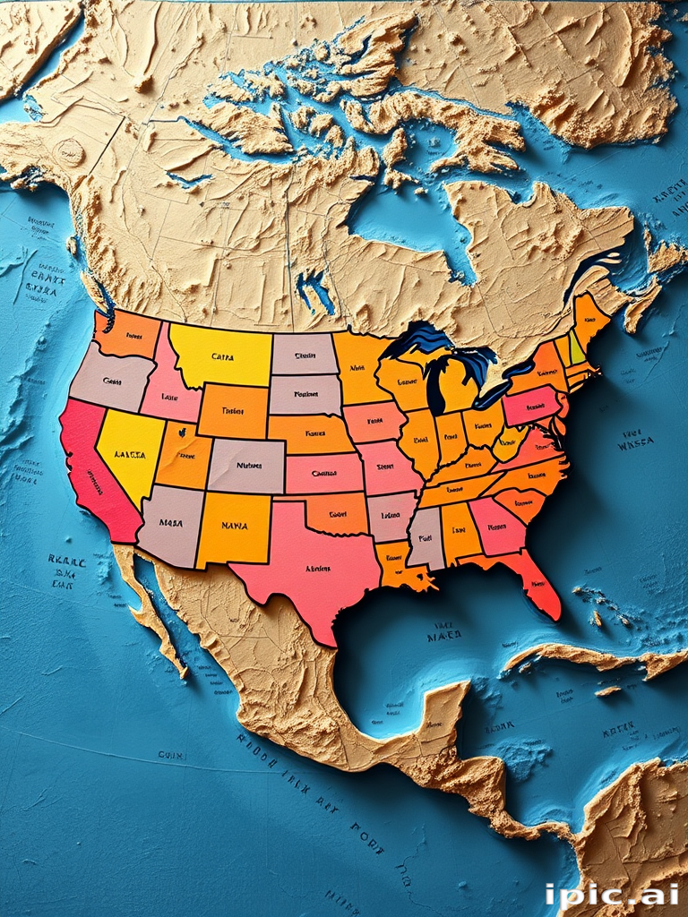 Colorful 3D Relief Map Highlighting the States of the United States