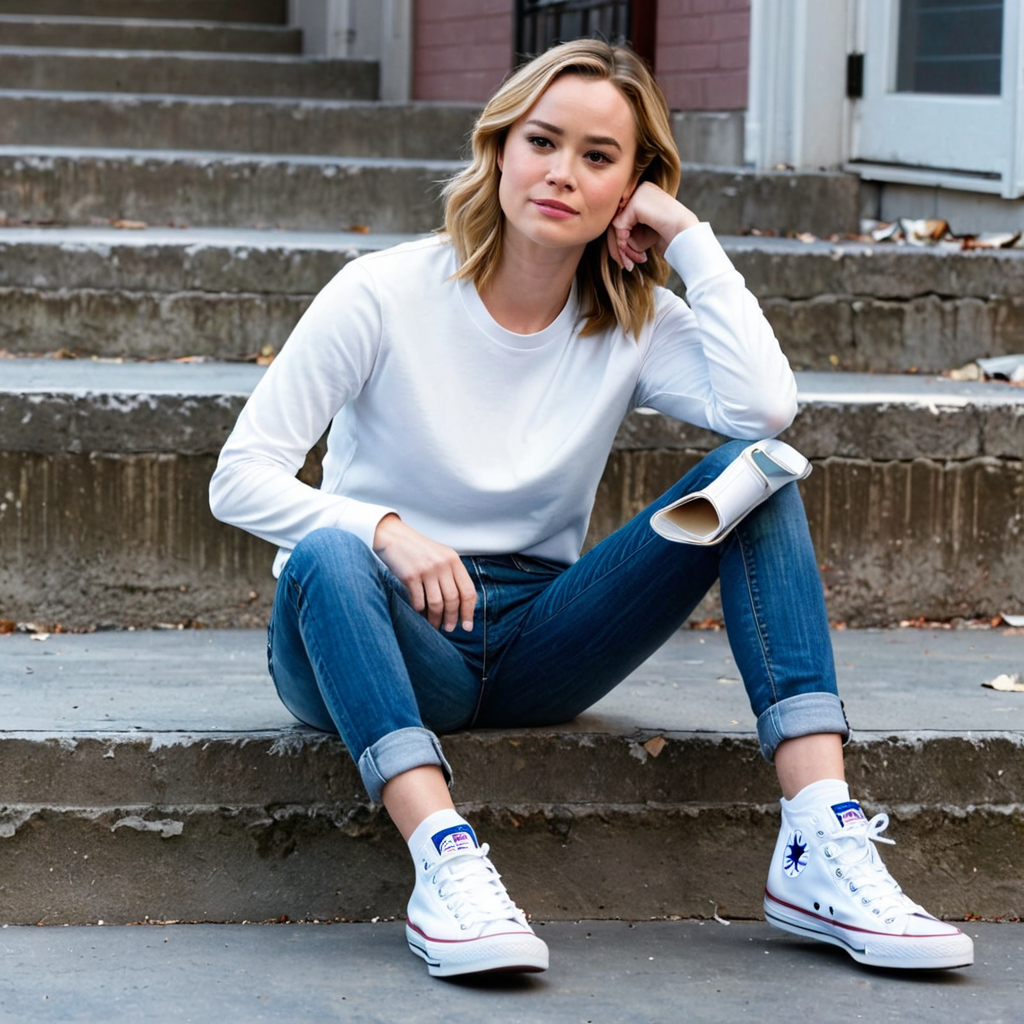 Mcu Brie Larson Carol Danvers Sitting in White Shirt, Blue Jeans, White ...