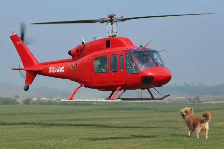 a dog flying a red helicopter