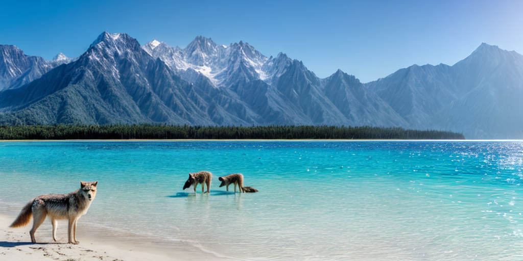 A beautiful tropical beach where wolves are roaming with mountains in ...