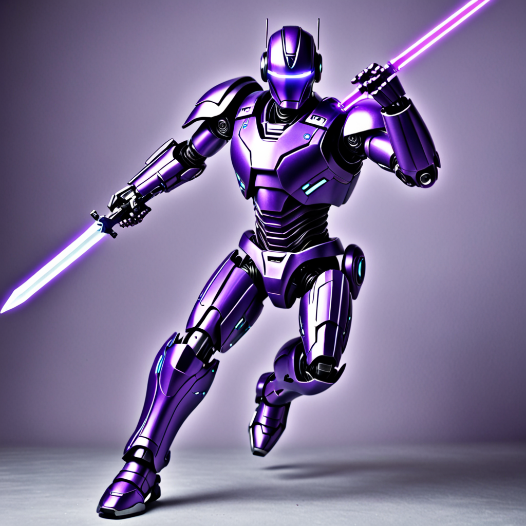 a super technological purple robot with an energy sword going after a ...