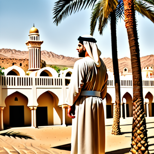 A realistic picture of a man and a background of palm trees and houses ...