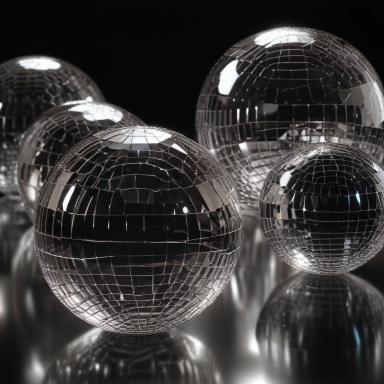 Glittering Disco Balls Reflecting Light on a Sleek Dark Surface