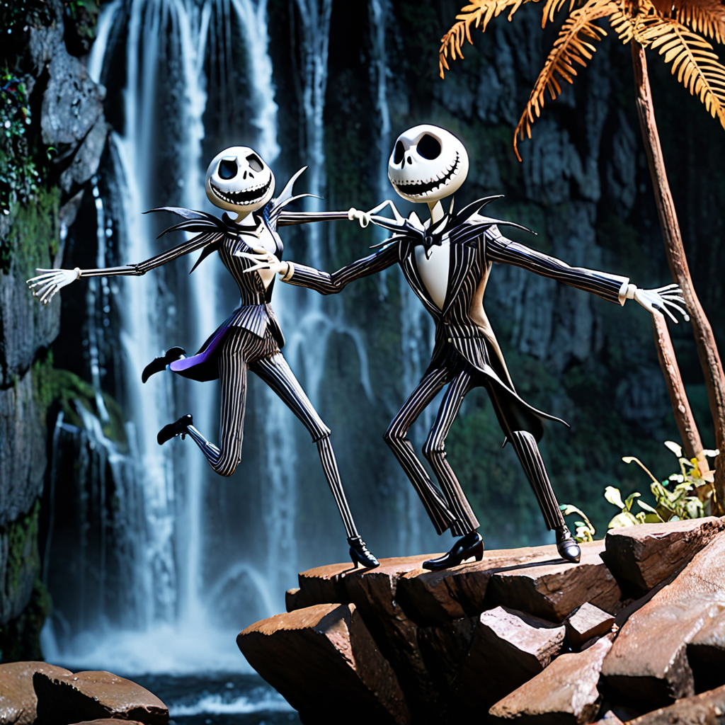 jack skellington and sally falling over a waterfall at night and laughing