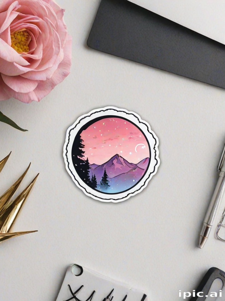 Charming Mountain Landscape Sticker with Pink Sky and Floral Accents