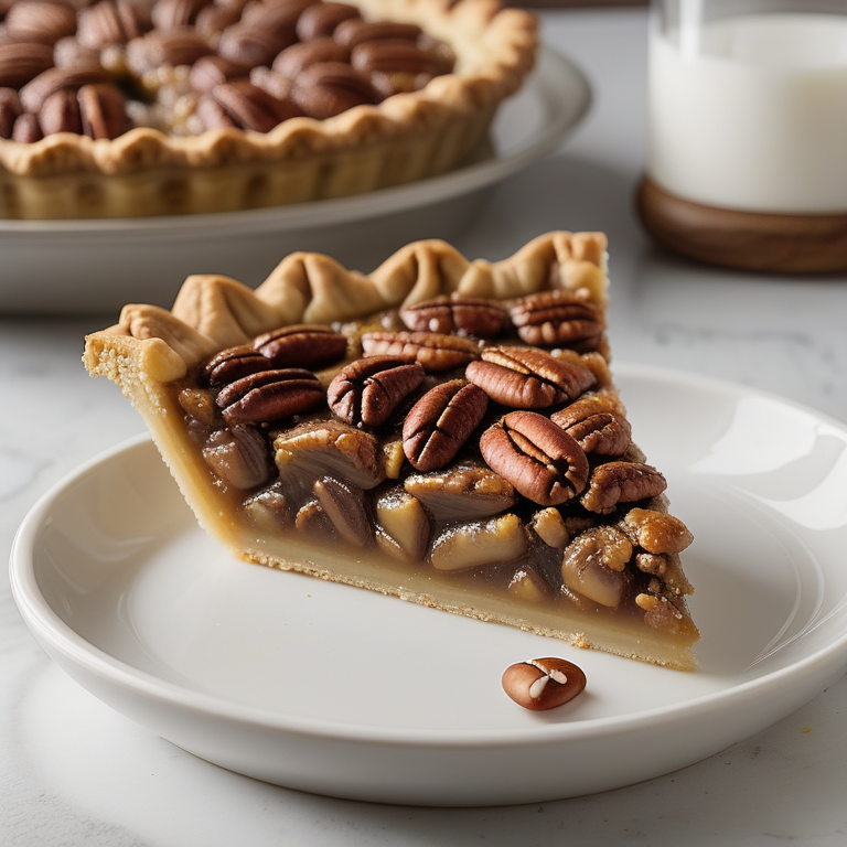 Deliciously Crafted Pecan Pie Slice on a Plate with Whole Pie Background.