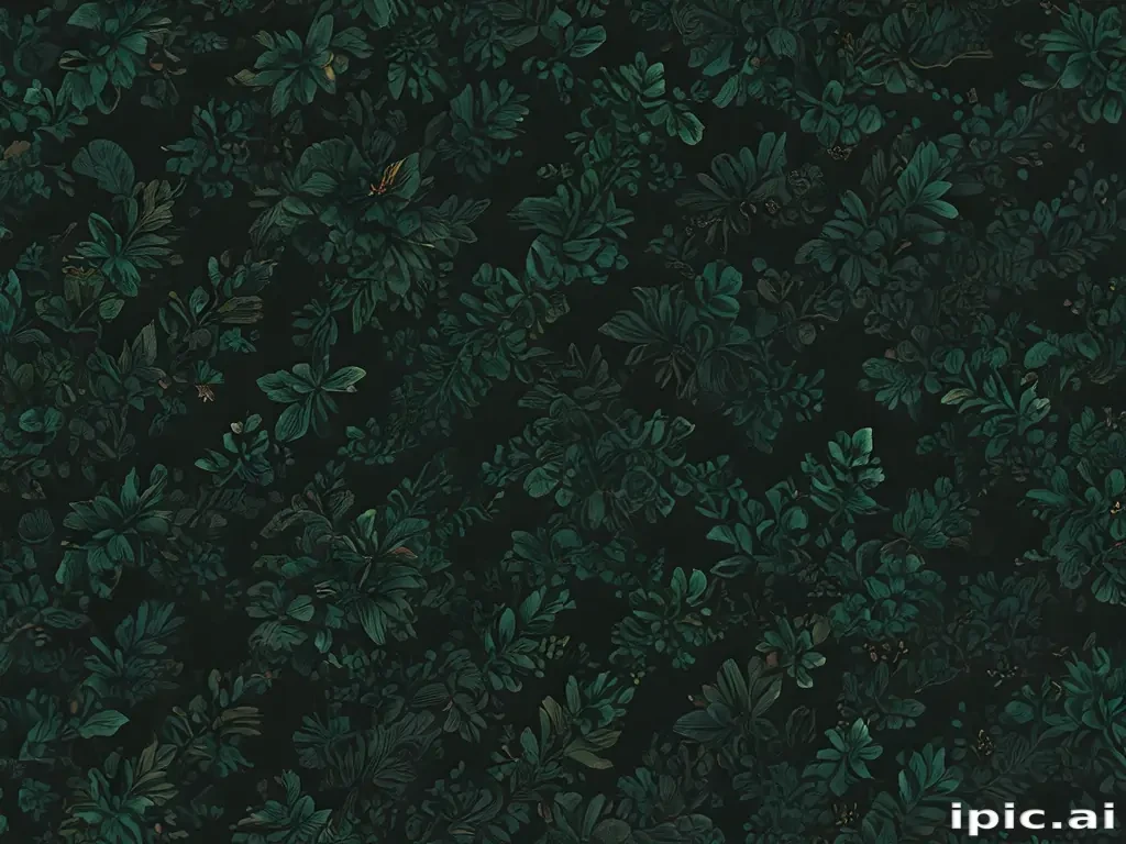 Intricate Dark Green Botanical Pattern Featuring Various Lush, Leafy Plants