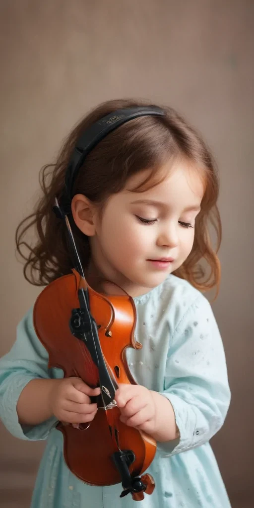 A Young Girl Enthusiastically Playing Her Tiny Violin with Joyful Focus.
